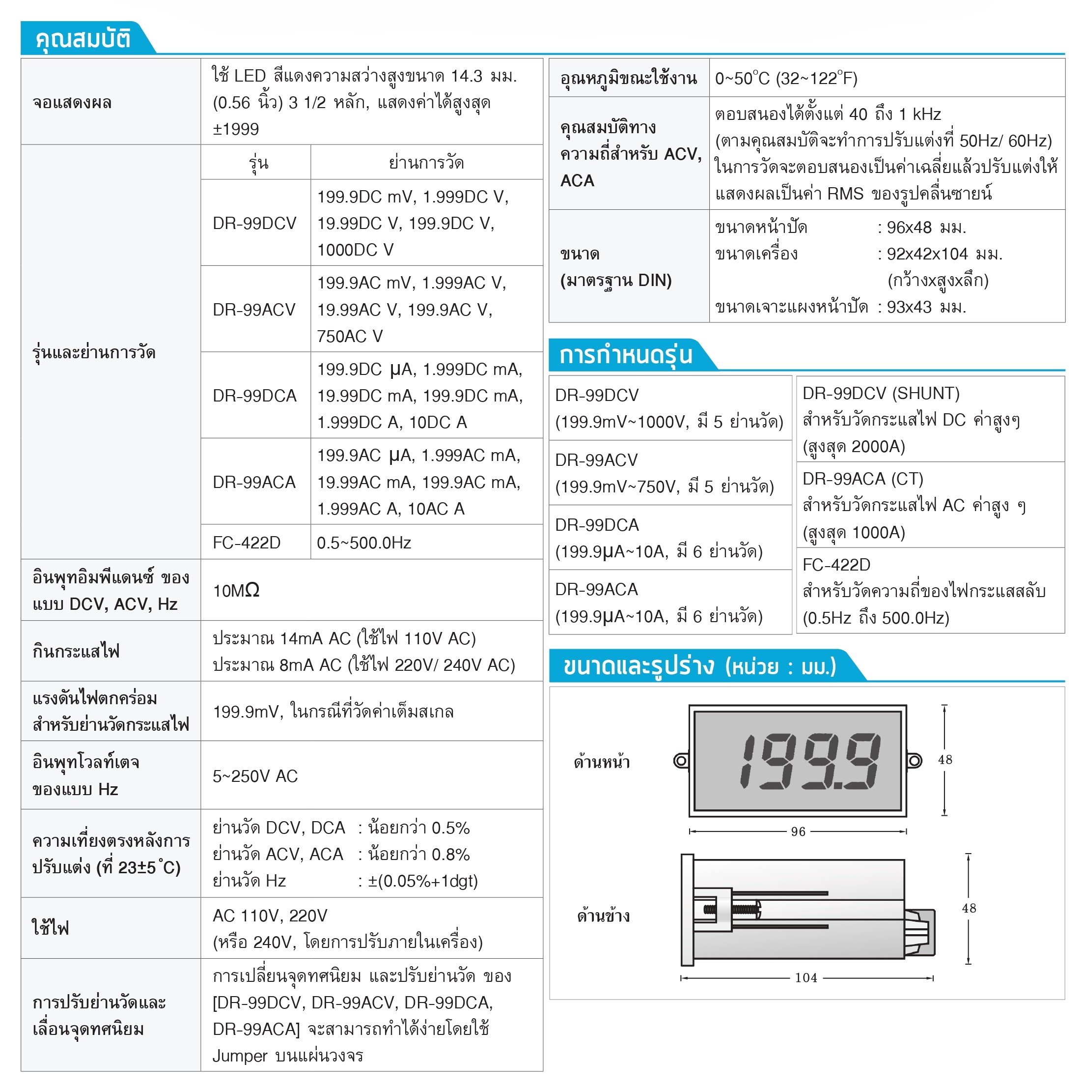 DR-99 มิเตอร์ดิจิตอล สำหรับติดแผงสวิทช์บอร์ด - บริษัท แสงชัยมิเตอร์ จำกัด