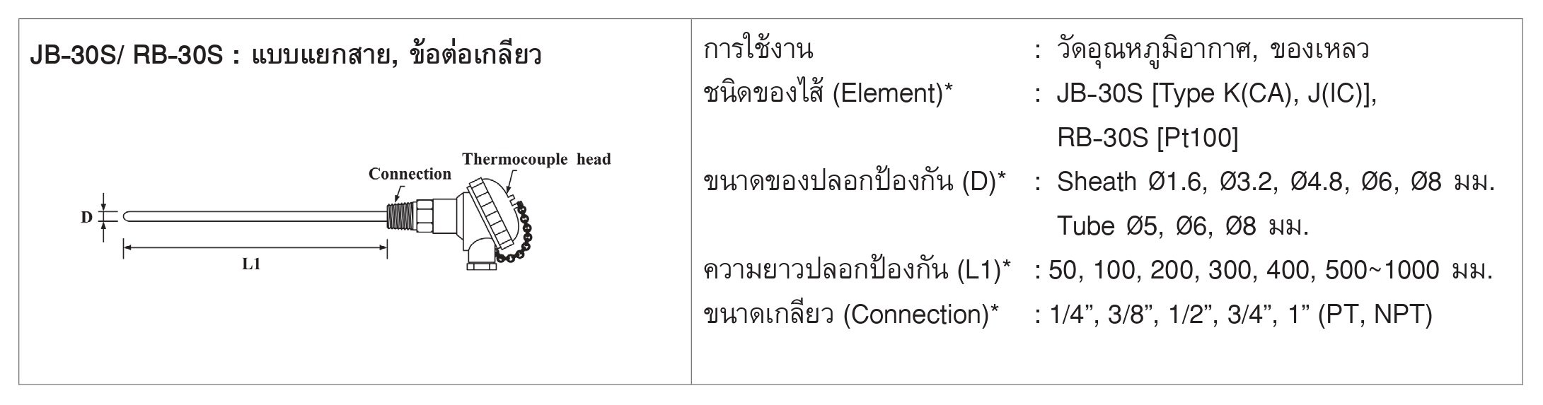 JB-30S เทอร์โมคัพเปิ้ลแบบยึดติดตั้งอยู่กับที่ - บริษัท แสงชัยมิเตอร์ จำกัด