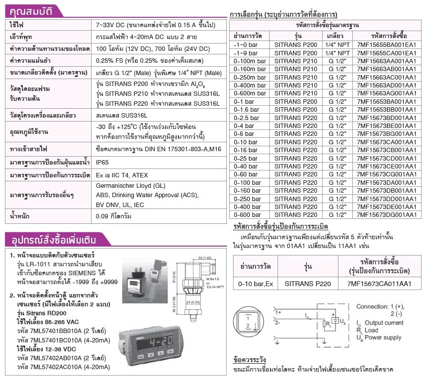SITRANS P200,210,220 เซนเซอร์วัดความดัน - บริษัท แสงชัยมิเตอร์ จำกัด
